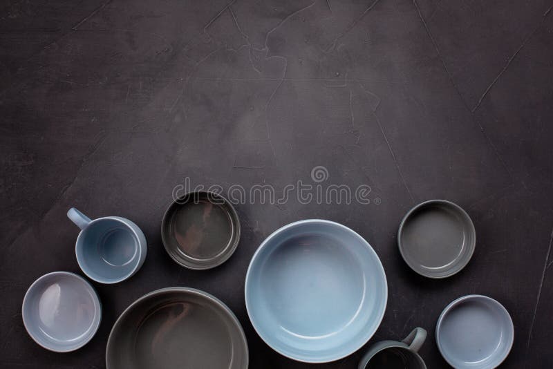 Top View of Modern Trendy Plates in Bleu and Grey Colors. Minima Stock ...