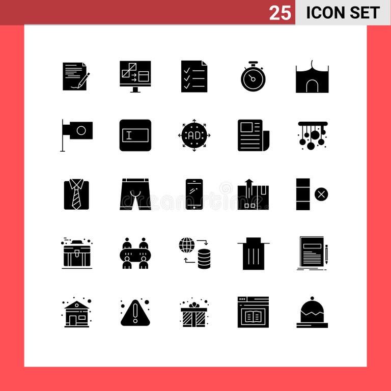Set of 25 Vector Solid Glyphs on Grid for Castle, Navigation, Develop ...