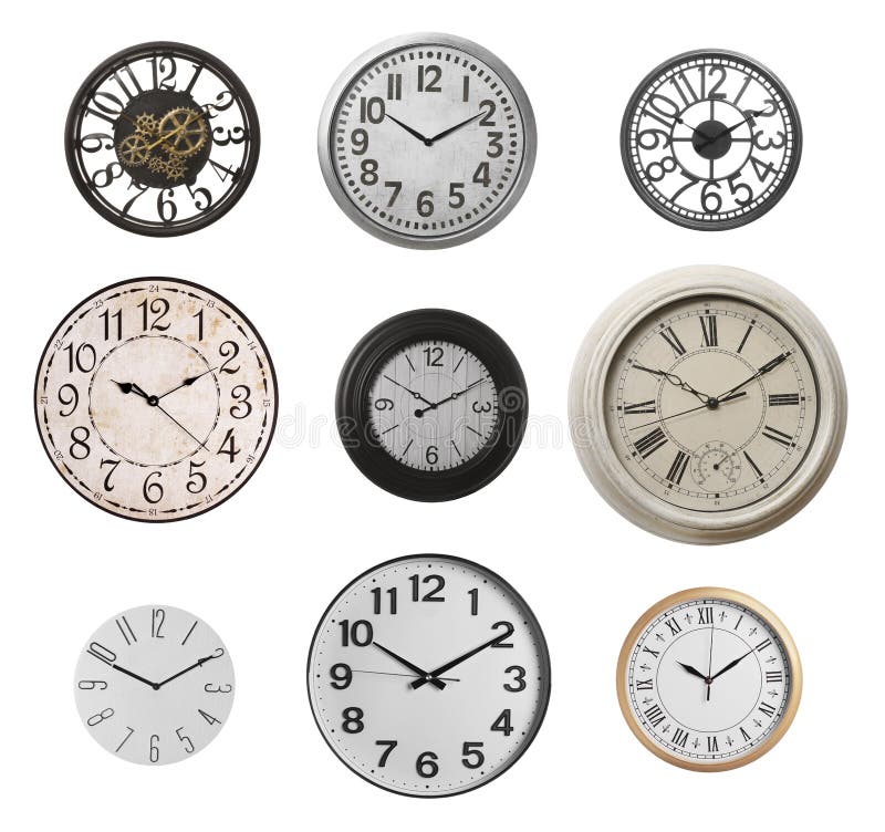 Set of Modern and Vintage Clocks on White Background Stock Photo ...