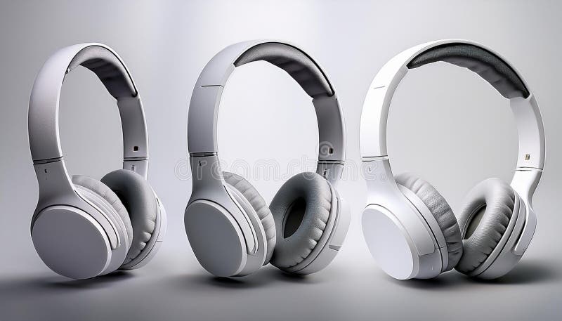 Set of Modern White Headphones Shown from Different Angles on a ...