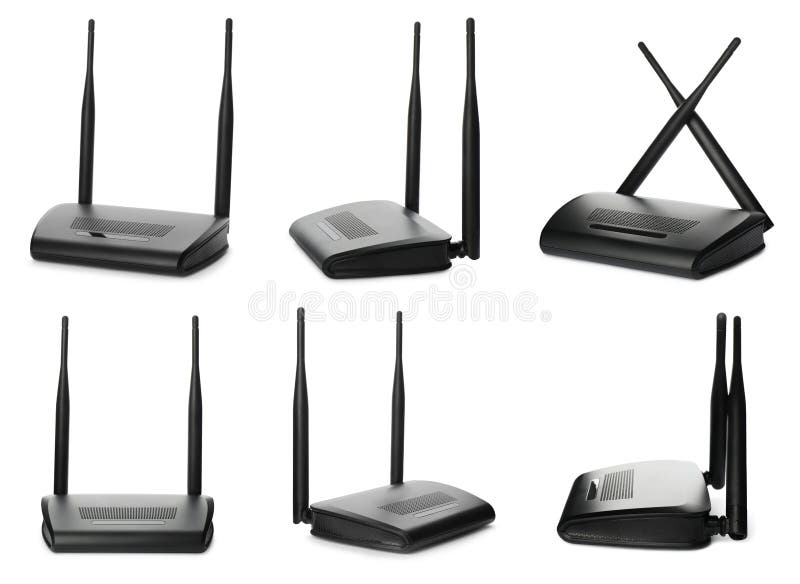 Set with Modern Wi-Fi Routers on White Background, Top View. Banner ...