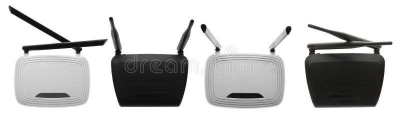 Set with Modern Wi-Fi Routers on White Background, Top View. Banner ...