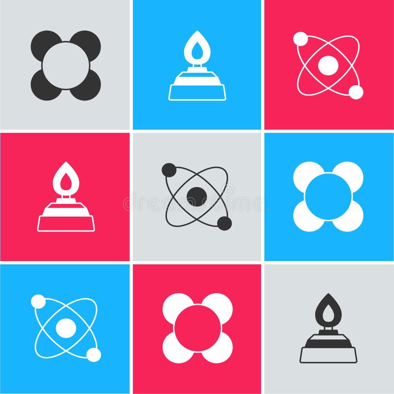 Set Molecule, Alcohol or Spirit Burner and Atom Icon. Vector Stock ...