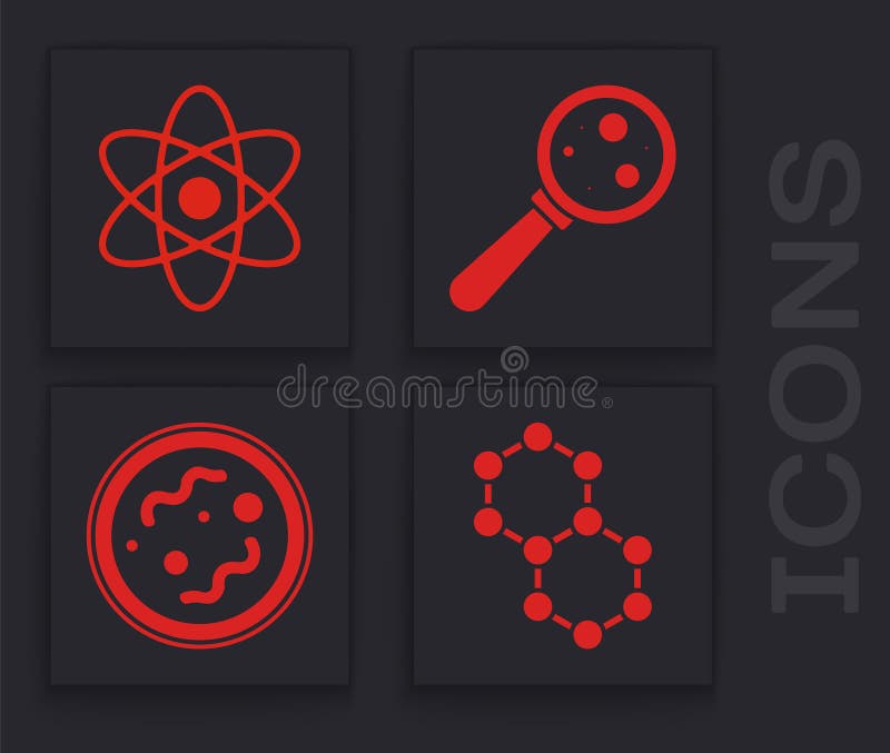 Set Molecule, Atom, Microorganisms Under Magnifier and Bacteria Icon ... Set Molecule, Atom, Microorganisms Under Magnifier and Bacteria Icon ...