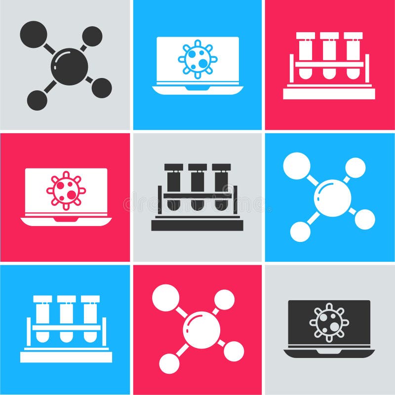 Set Molecule, Bacteria on Laptop and Test Tube and Flask Chemical Icon ...