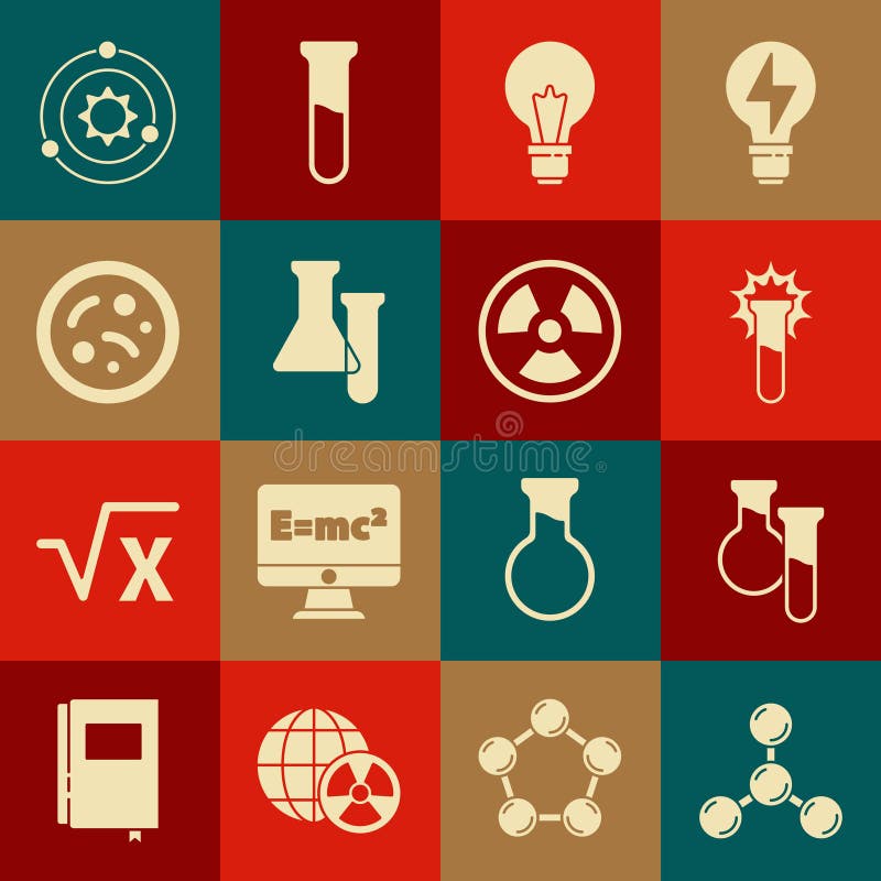 Set Molecule, Test Tube and Flask, Light Bulb with Concept of Idea ...