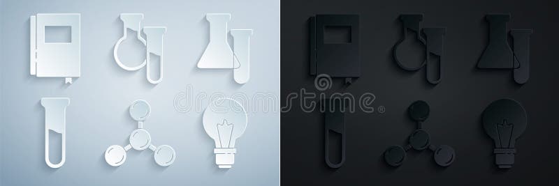 Set Molecule, Test Tube and Flask, Light Bulb with Concept of Idea, and ...