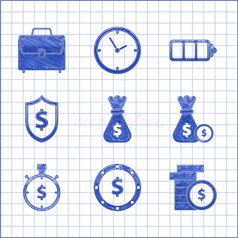 Set Money Bag, Coin Money with Dollar Symbol, and Coin, Time is, Shield ...