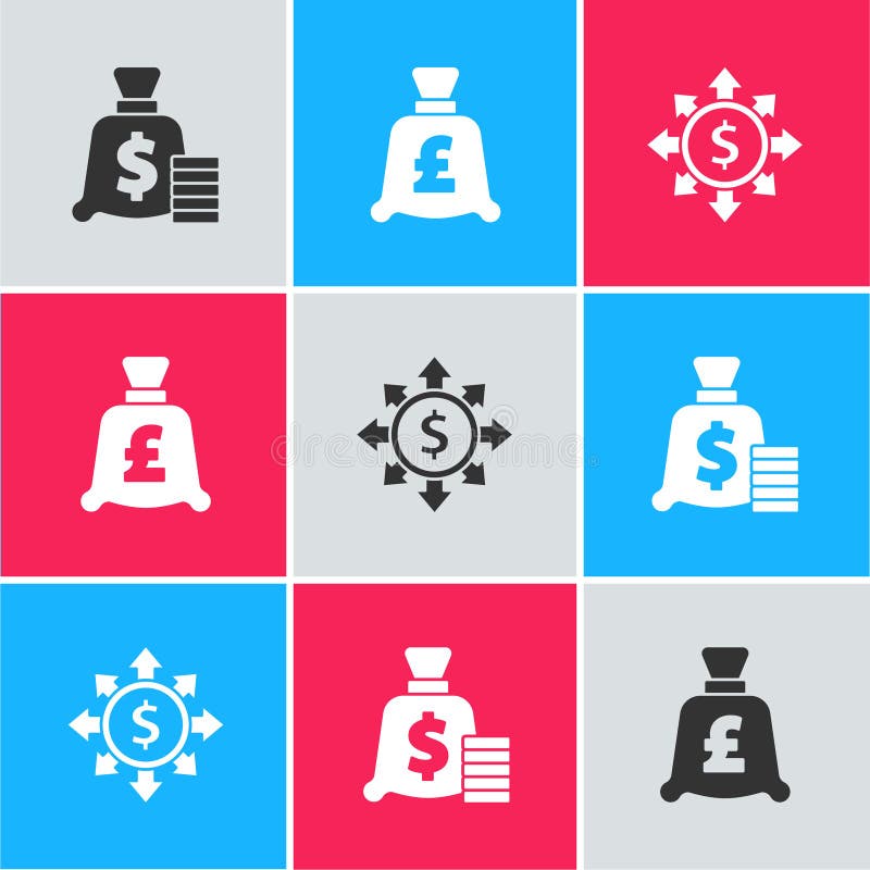 Set Money Bag, Coin Money with Pound and Dollar, Share, Network Icon ...
