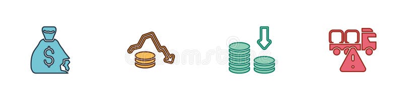 Set Money Bag, Dollar Rate Decrease, and Stop Delivery Cargo Truck Icon. Vector Stock Vector ...
