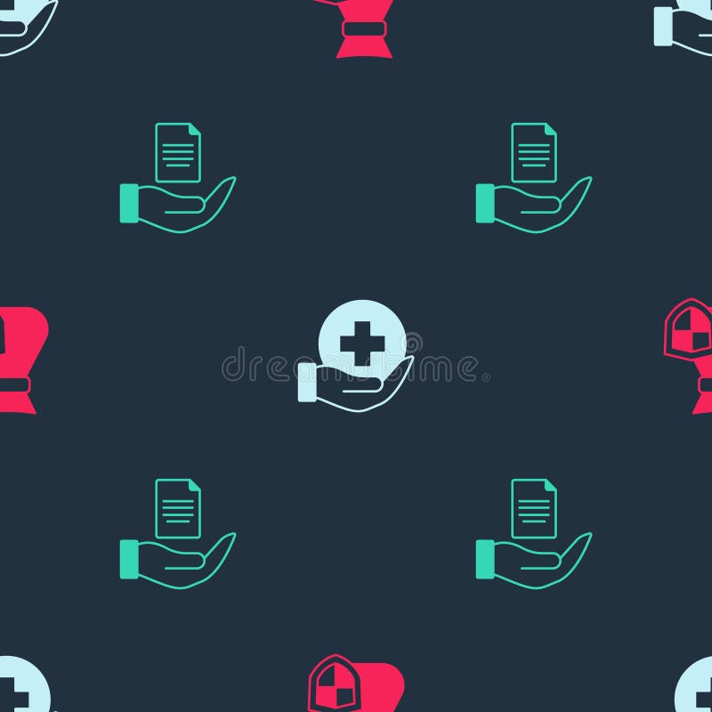 Set Money Bag with Shield, Life Insurance and Contract Hand on Seamless ...