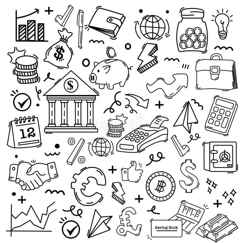 Set of Money and Banking Doodle Related Objects and Element Finance Design Stock Vector ...