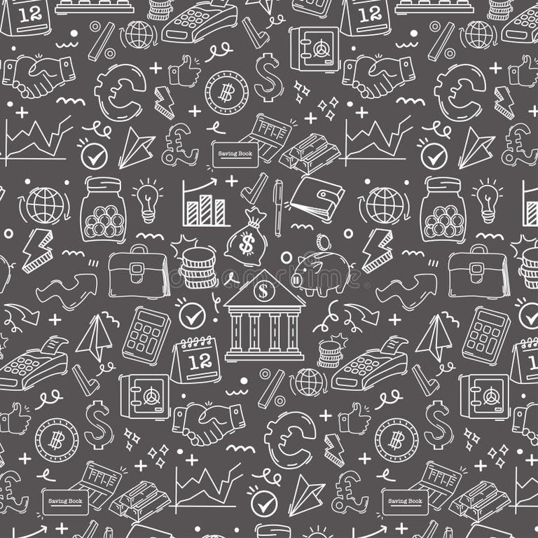 Set of Money and Banking Doodle Related Objects and Element Finance Design Seamless Pattern ...