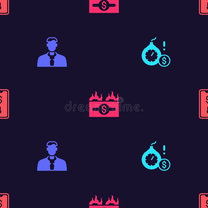 Set Money Bomb Dollar Crisis, Worker, Burning Bill and Mobile Stock Trading on Seamless Pattern ...