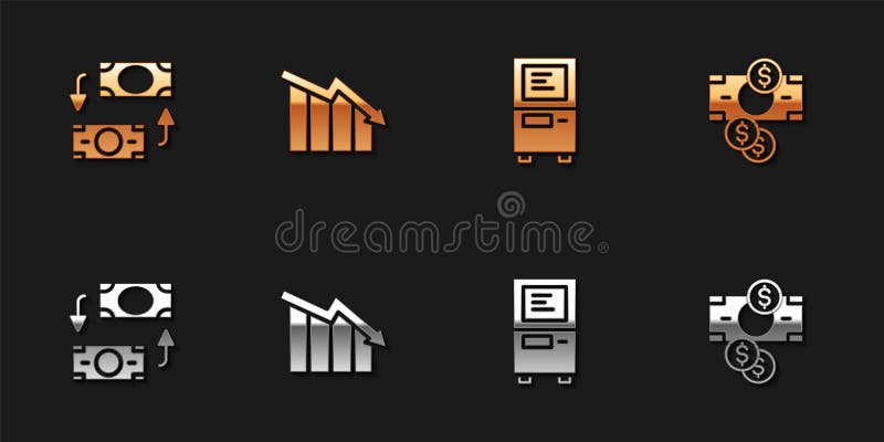 Set Money Exchange, Financial Growth Decrease, ATM and Stacks Paper Money Cash Icon. Vector ...