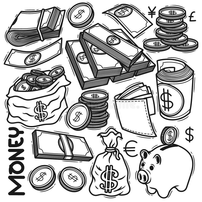Set Money Hand Drawn Doodle Stock Vector - Illustration of dollar, bank ...