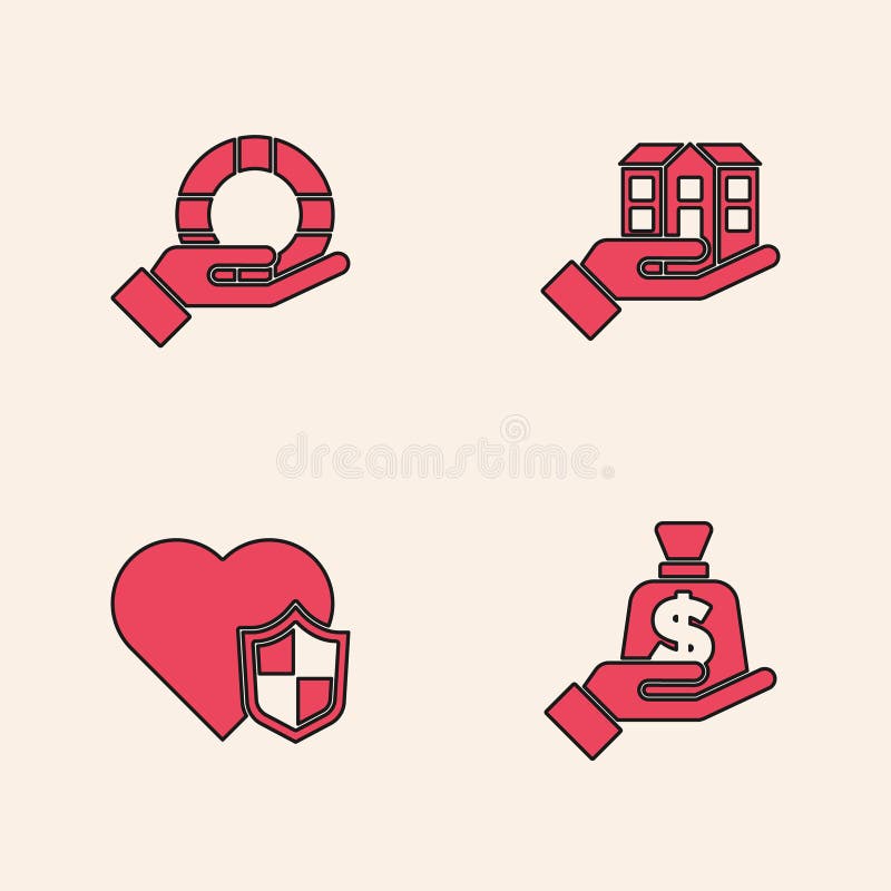 Set Money in Hand, Lifebuoy, House and Insurance with Shield Icon ...