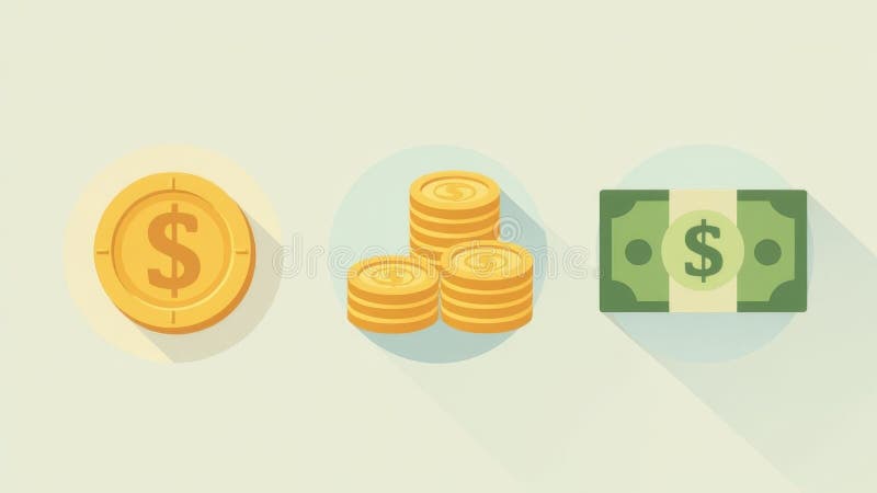 Set of 3 Money Icons in Different Shapes, Coin, Banknote Stock ...