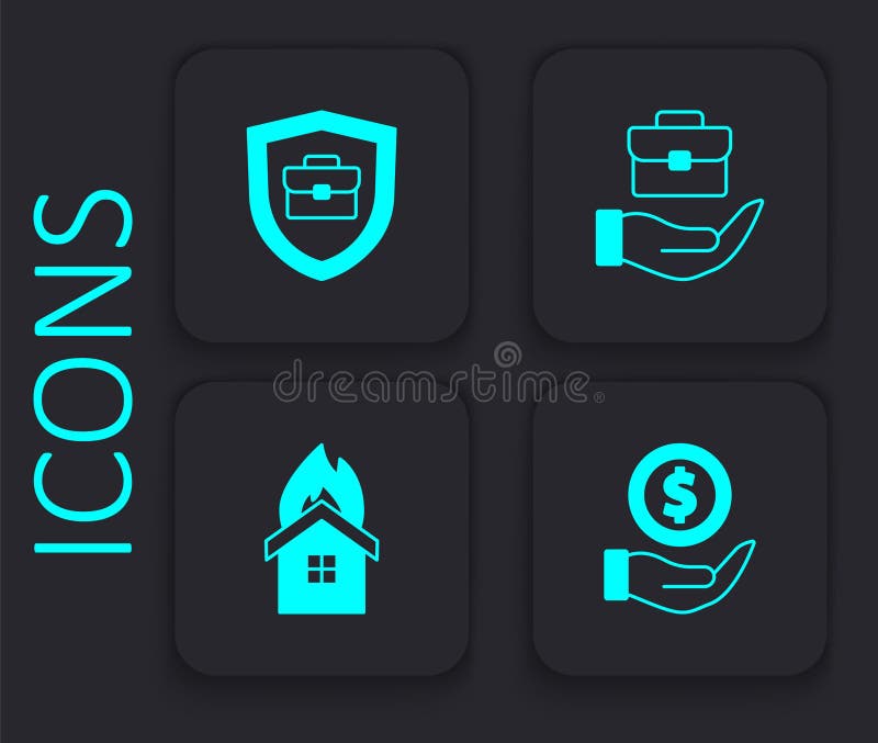 Set Money with Shield, Briefcase, Hand Holding Briefcase and Fire Burning House Icon. Black ...