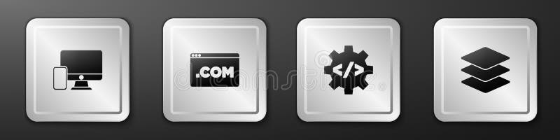 Set Monitor and Mobile, UI UX Design, Front End Development and Layers Icon. Silver Square ...