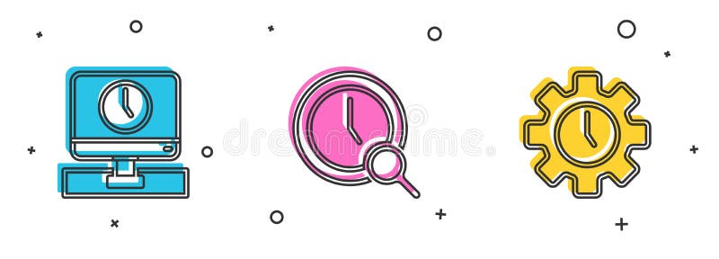 Set Monitor Time, Magnifying Glass with Clock and Time Management Icon ...