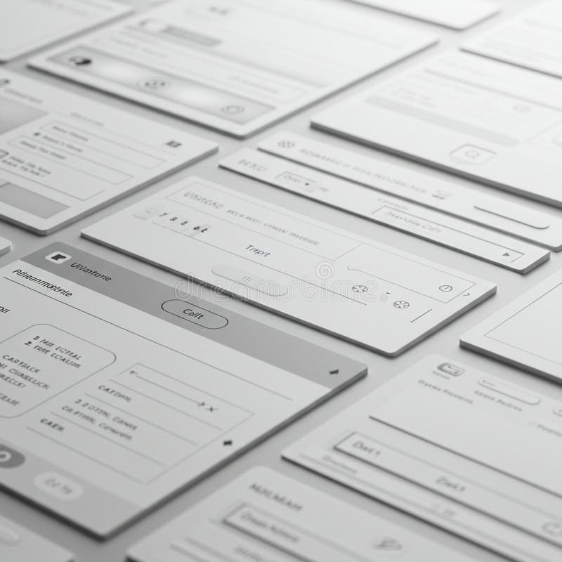 A Set of Monochromatic User Interface Wireframes Arranged in Perspective, Displaying Stock ...