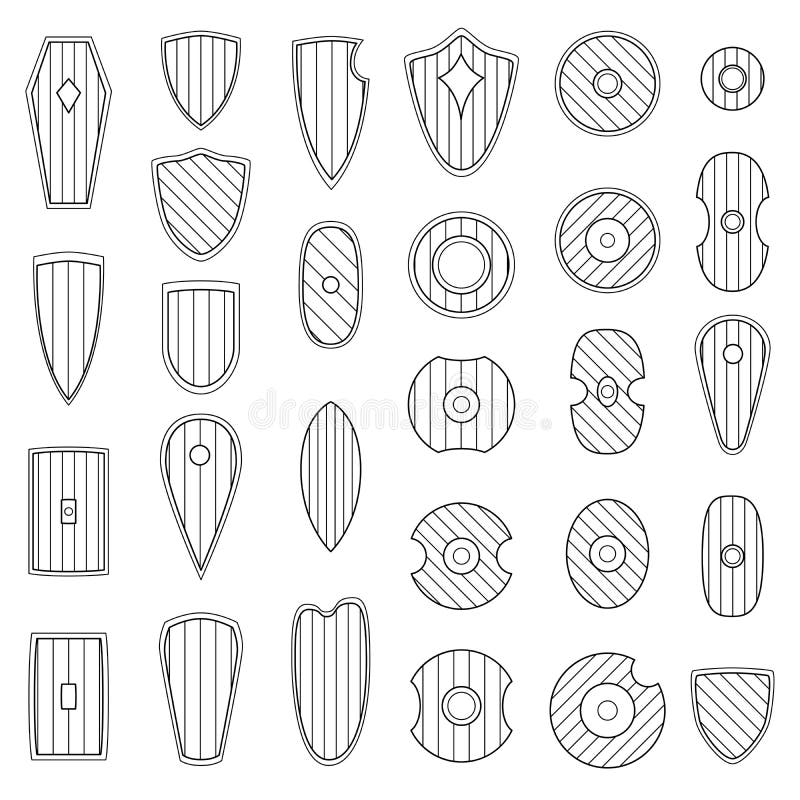 Set of Monochrome Images of Medieval Shields and Bucklers Drawn by ...