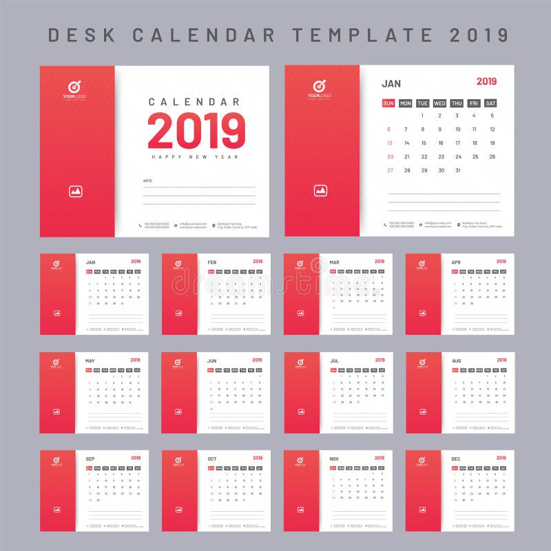 Set of 12 Months Yearly Desk Calendar Design for 2019 with Space Stock ...