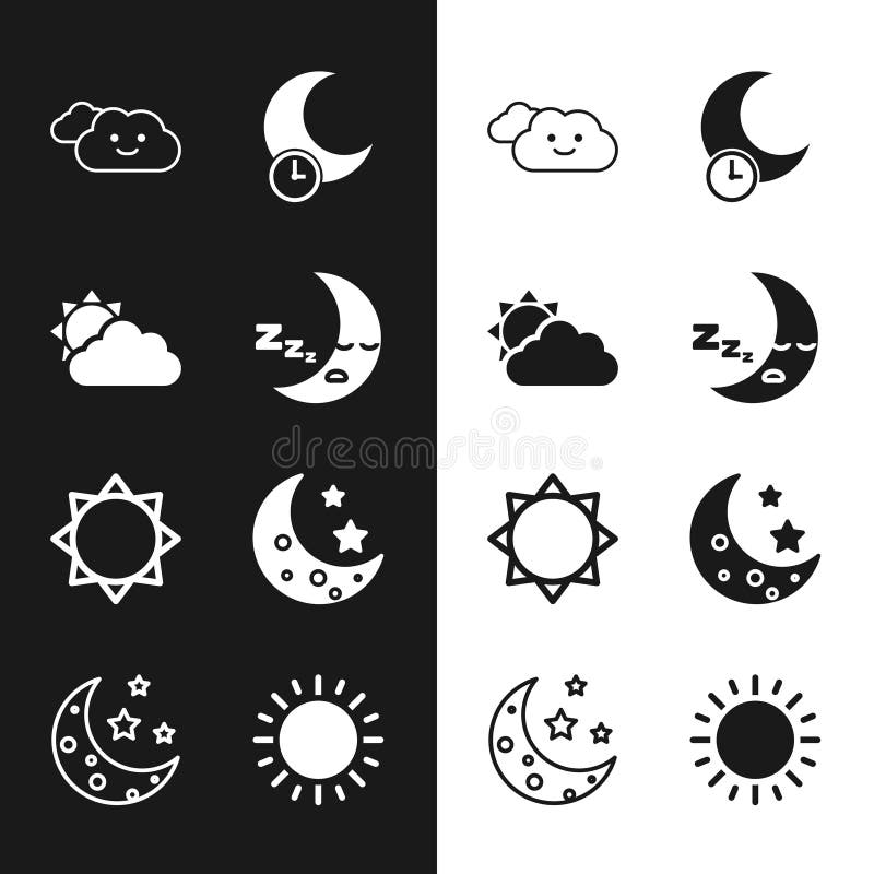 Set Moon Icon, Sun and Cloud Weather, Cloud, Sleeping Moon, Stars, and ...