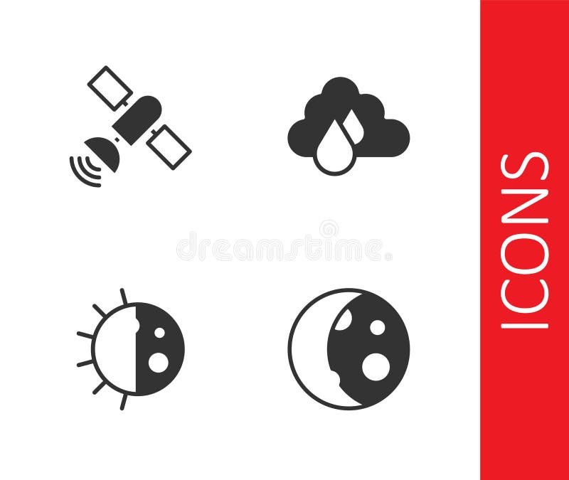 Set Moon Phases, Satellite, Day Night Cycle and Cloud with Rain Icon ...