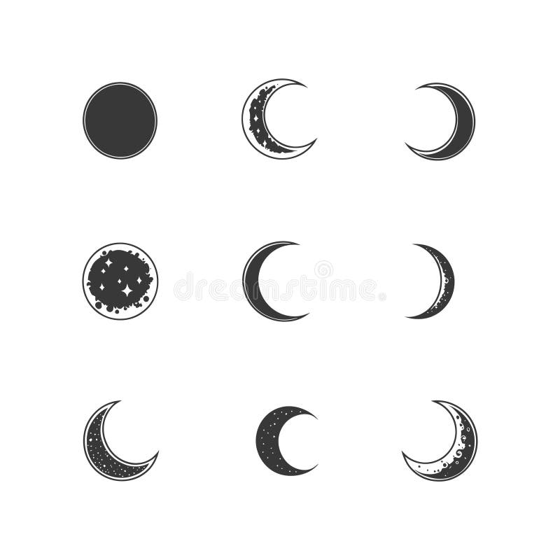 Collection of Nine Crescent Moons and Full Moon Icons Stock Vector ...