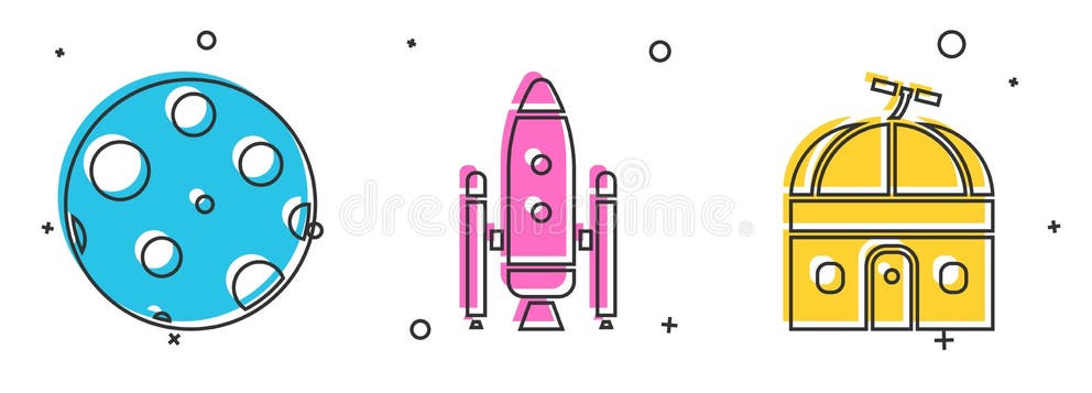 Set Moon, Space Shuttle and Rockets and Astronomical Observatory Icon ...