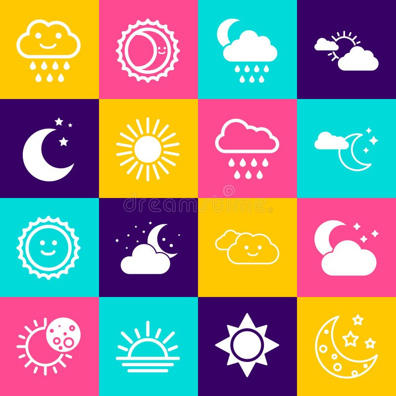 Set Moon and Stars, Cloud with Moon, Rain, Sun, and Icon. Vector Stock ...