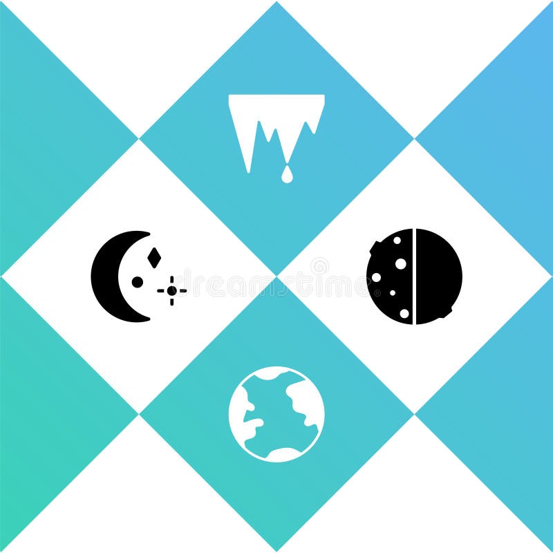 Set Moon and Stars, Earth Globe, Icicle and Eclipse of the Sun Icon ...
