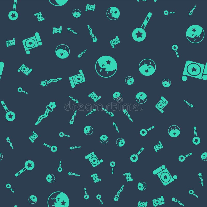 Set Moon and Stars, Magic Wand, Staff and Scroll on Seamless Pattern ...
