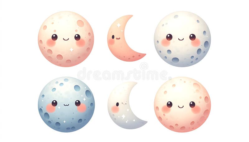 Set of 6 Moons with Different Soft Colors in an Image, Isolated on ...