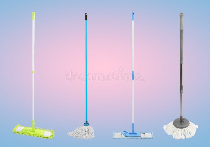 Set of Different Mops on Color Background Stock Photo - Image of brush ...