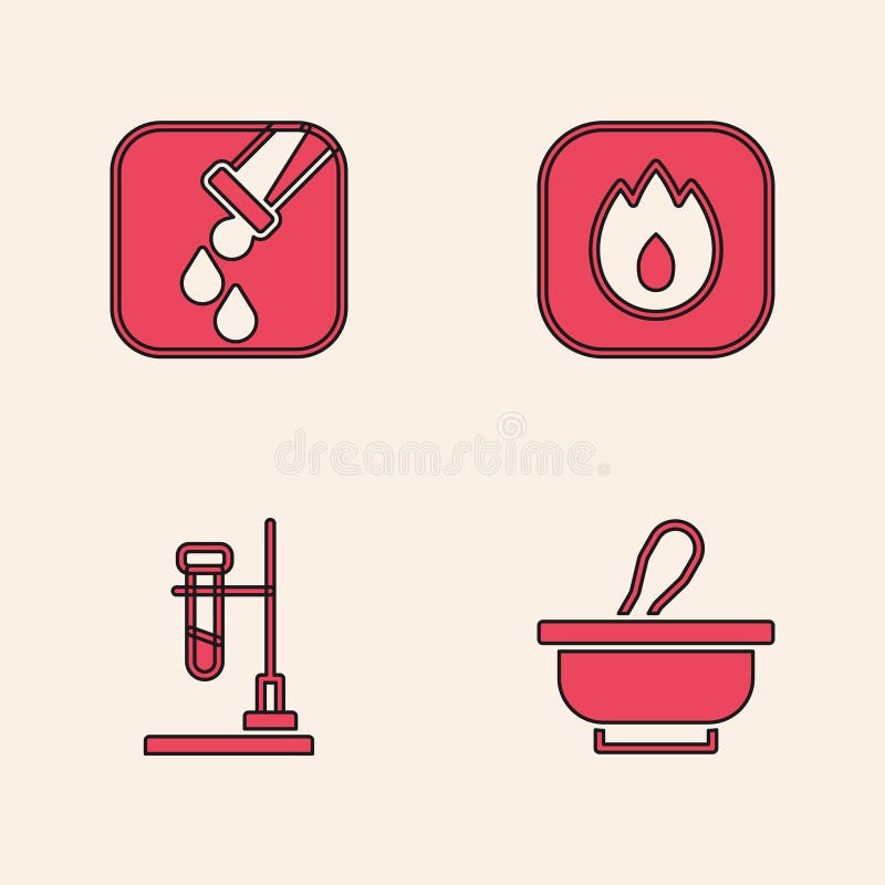 Set Mortar and Pestle, Test Tube Flask, Fire Flame and on Fire Icon ...