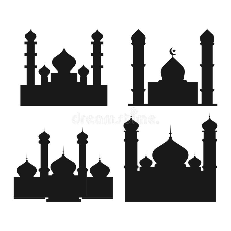 Set of Mosque with Tower Vector Illustration in Silhouette Style. Stock ...