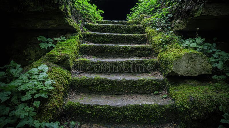 A Set of Mossy Stone Steps Leading into a Dark, Overgrown Tunnel Stock ...