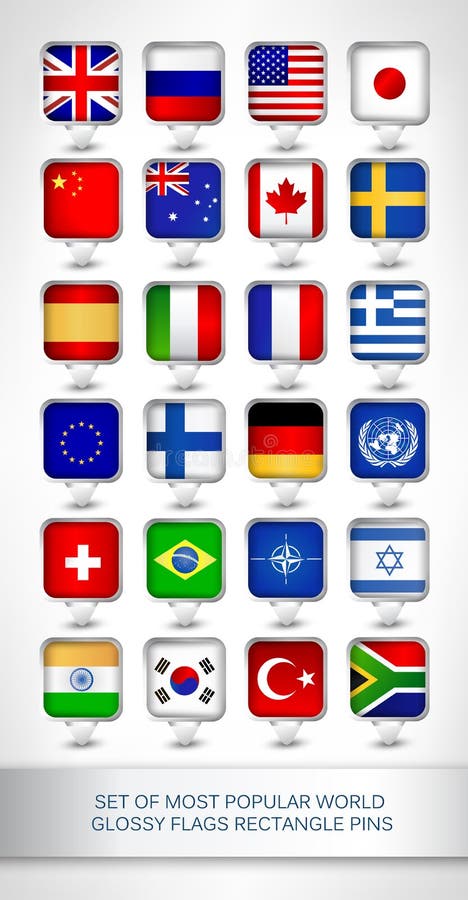 Set of Most Popular World Glossy Flags Rectangle Pins Stock Vector ...