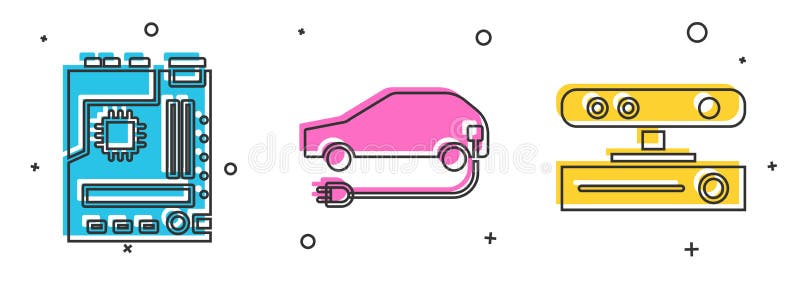 Set Motherboard, Electric Car and Motion Sensor Icon. Vector Stock ...