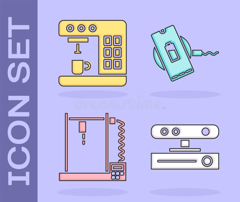 Set Motion Sensor, Coffee Machine, 3D Printer and Wireless Charger Icon ...