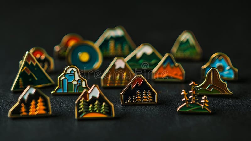 A Set of Mountain Pins with Trees and Mountains Stock Image - Image of ...