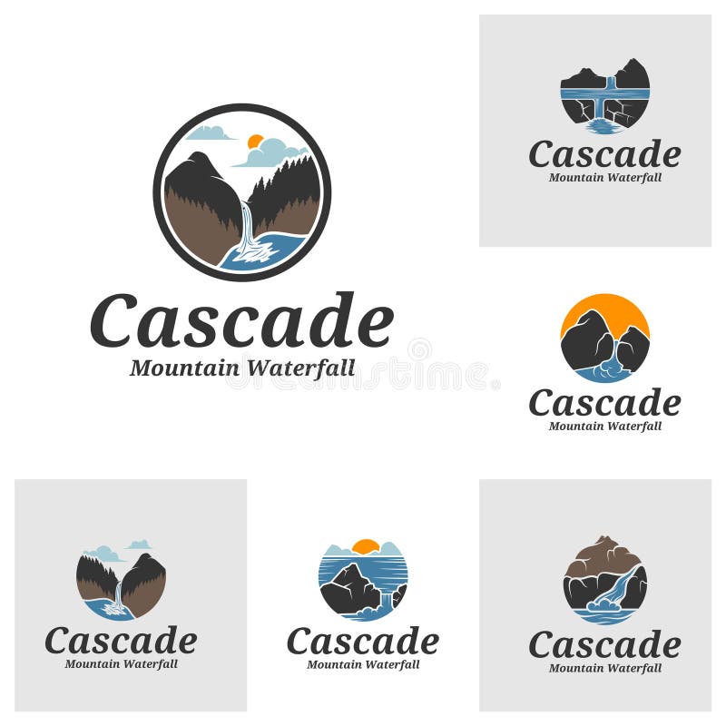 Set of Mountain Waterfall Logo Design Vector Illustration. Mountain ...