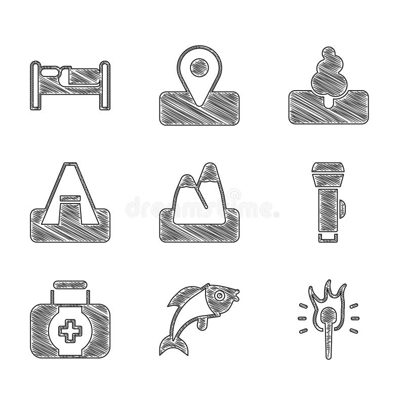 Set Mountains, Fish, Torch Flame, Flashlight, First Aid Kit, Tourist ...