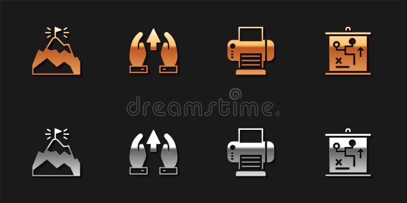 Set Mountains with Flag, Growth Chart and Progress, Printer and ...