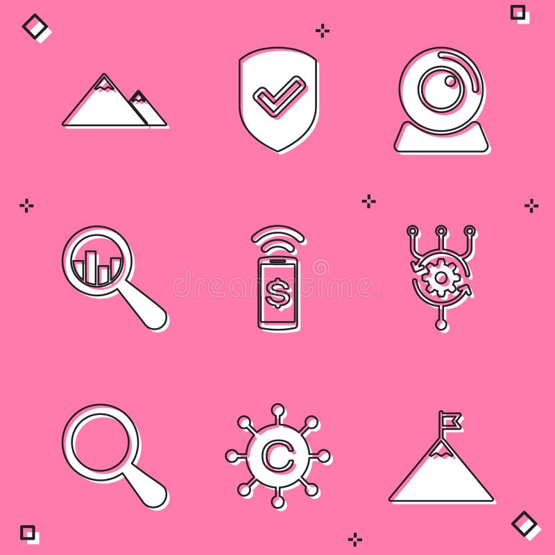 Set Mountains, Shield with Check Mark, Web Camera, Magnifying Glass and ...