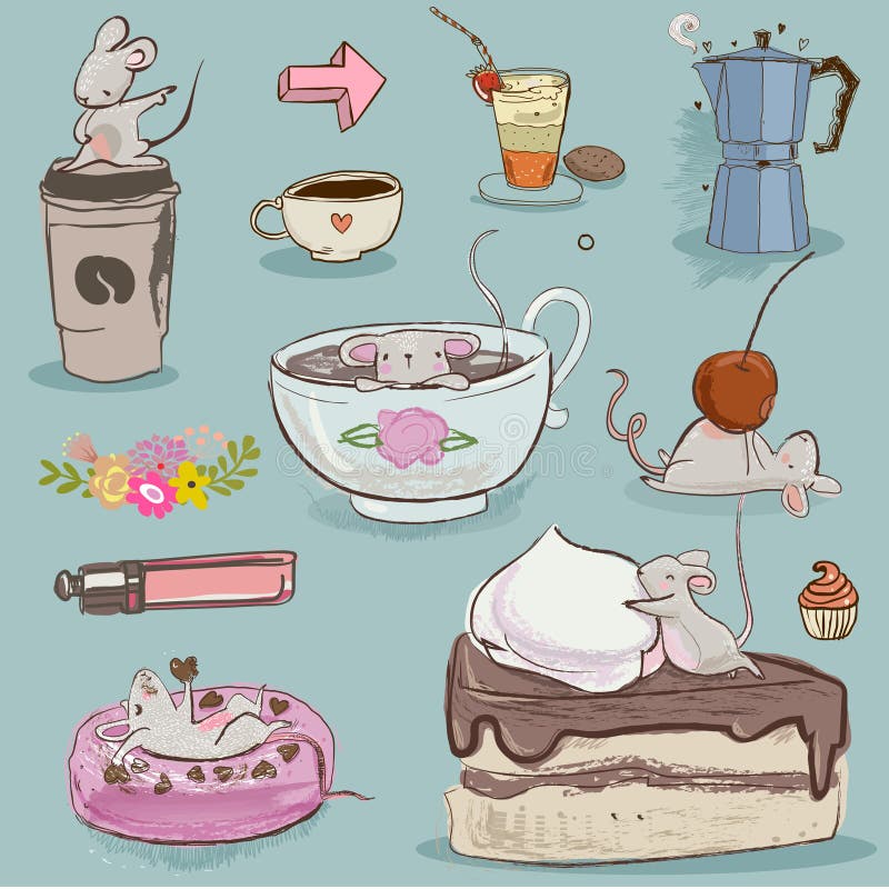Set Mouse with Desserts and Tea Stock Vector - Illustration of objects ...