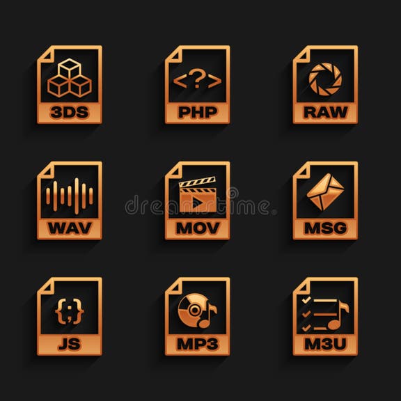 Set MOV File Document, MP3, M3U, MSG, JS and WAV Icon. Vector Stock ...